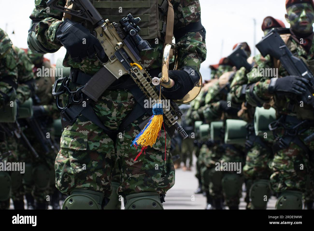 Bogota, Colombia. 20th July, 2023. A colombian army soldier holds his ...