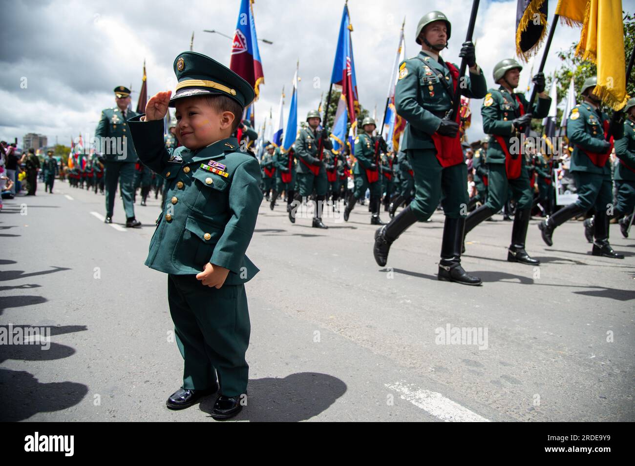 Bogota, Colombia. 20th July, 2023. A children poses while wearing a ...