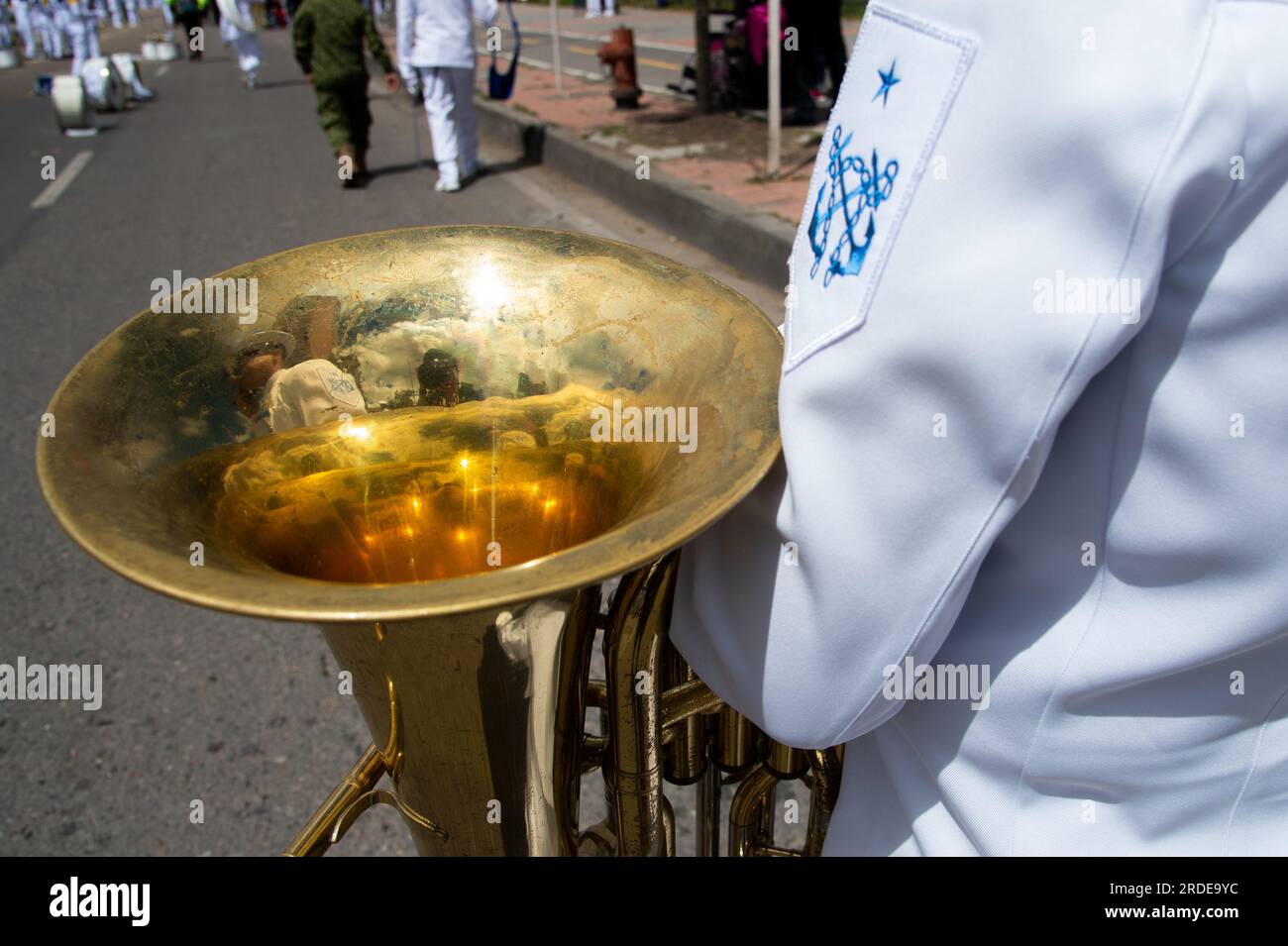 Bogota, Colombia. 20th July, 2023. A Colombian navy tuba player is seen ...