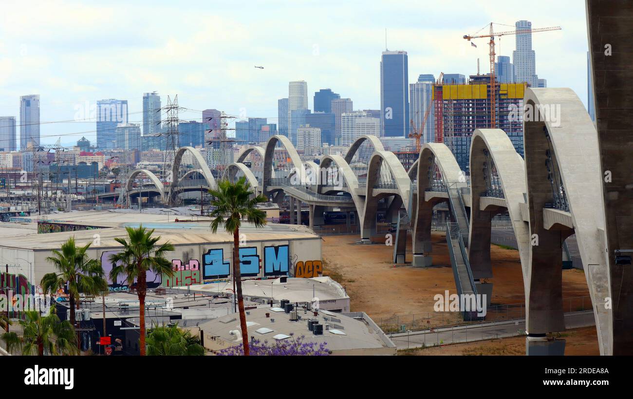Los Angeles, California: view of Los Angeles downtown from The Ribbon ...
