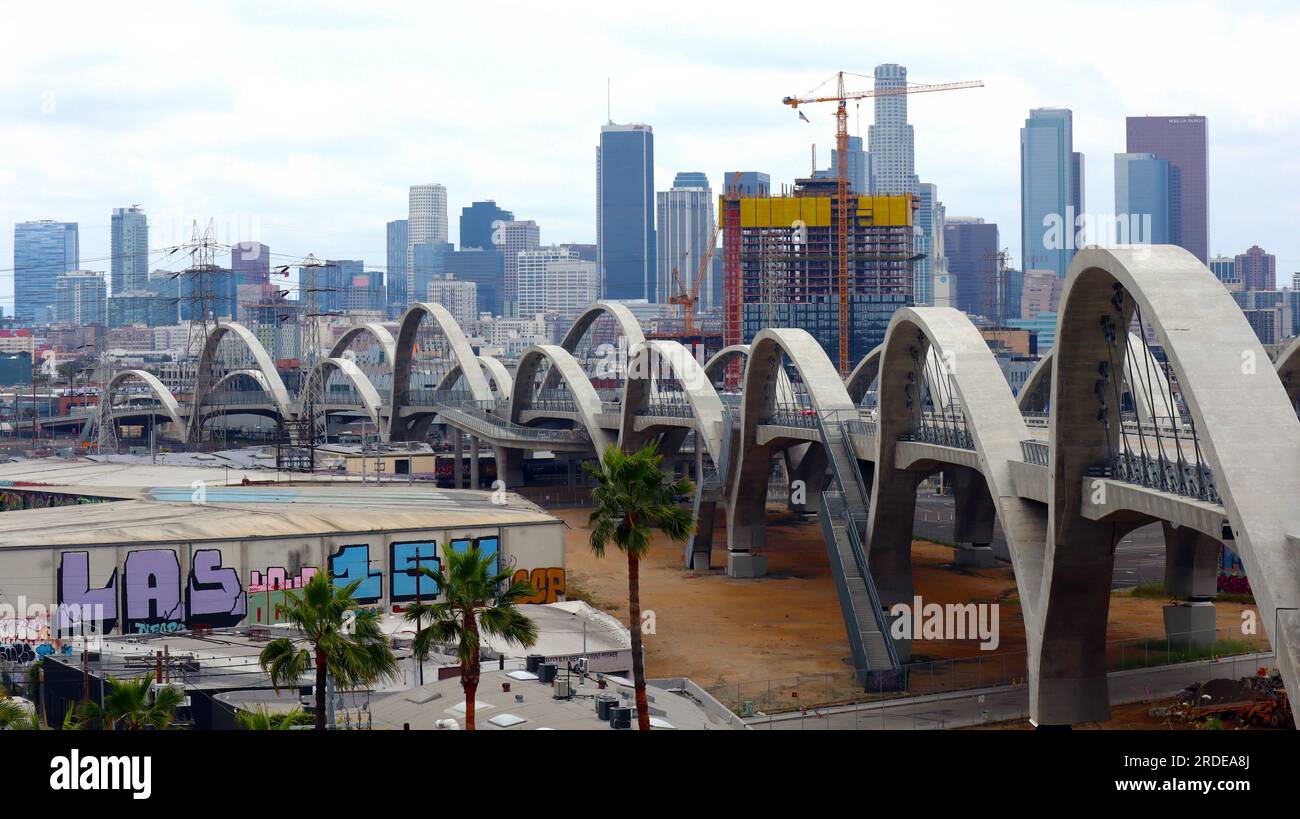 Los Angeles, California: view of Los Angeles downtown from The Ribbon ...