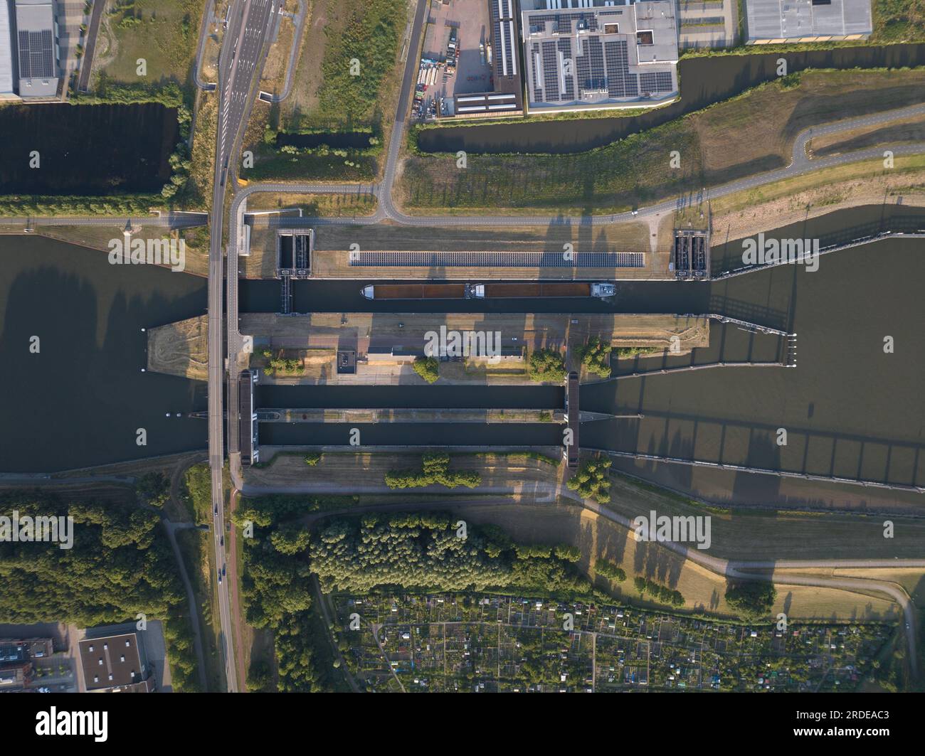 Aerial drone view on The Princess Beatrix lock is a lock complex in the ...