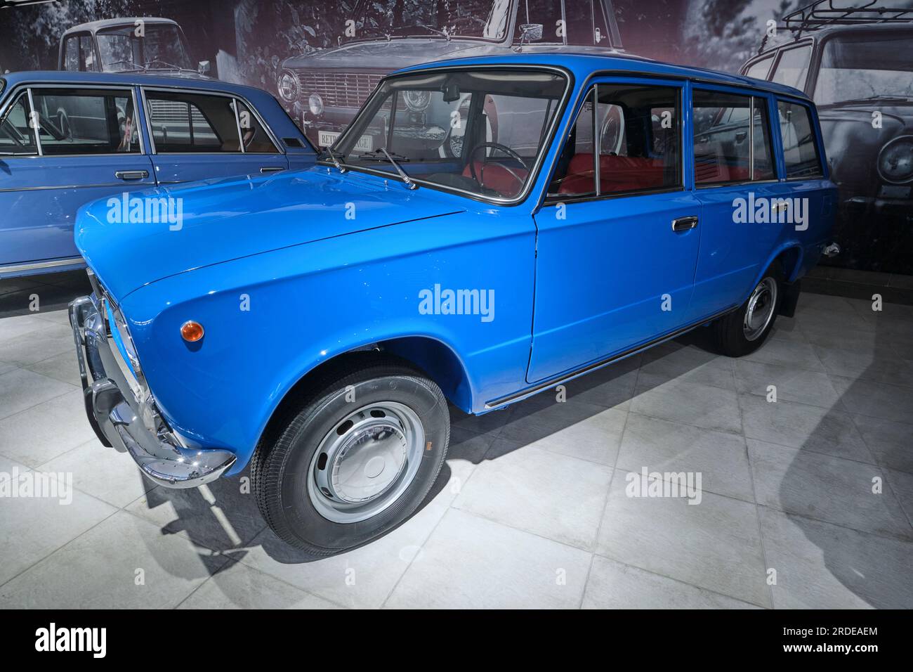 A view of a 1970's blue Lada Kombi wagon, model VAZ-2102. At the Retro Garage Car Museum of ...