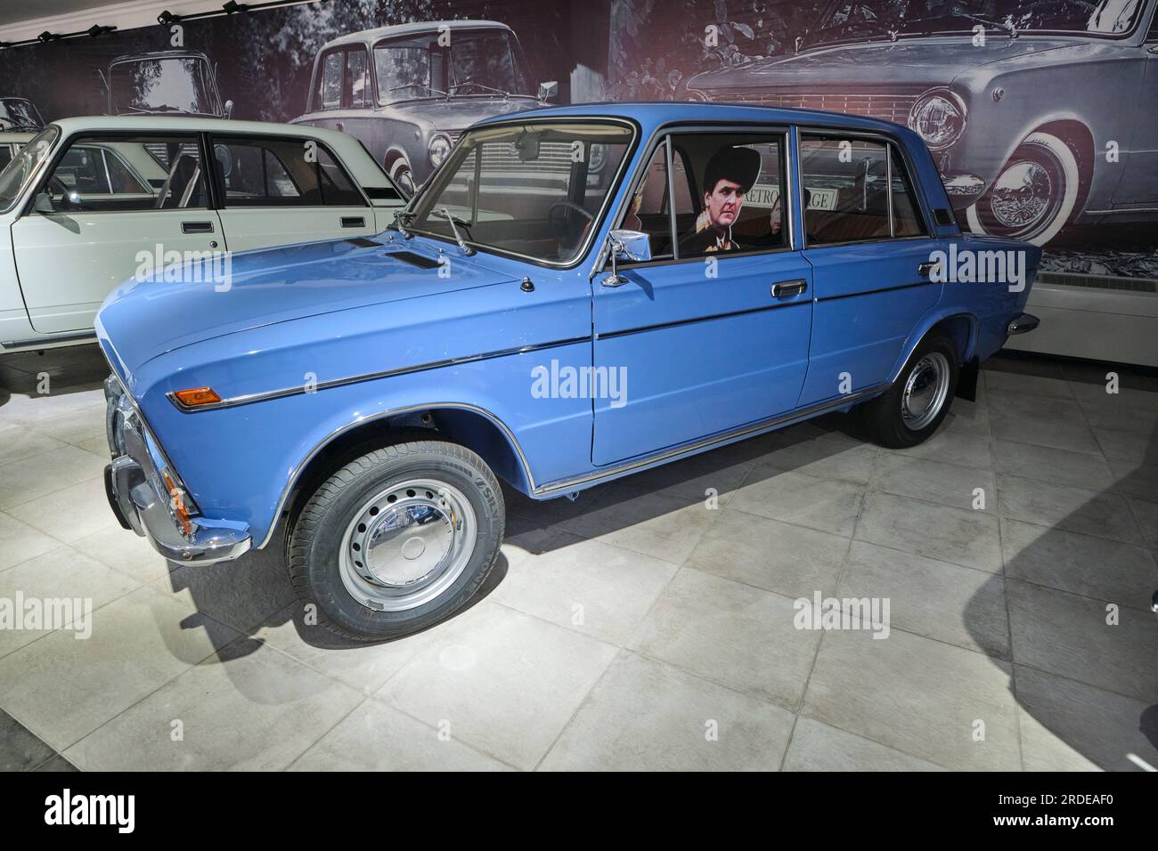 A view of a 1970's light blue Lada Kombi sedan, model VAZ-2103. At the Retro Garage Car Museum ...