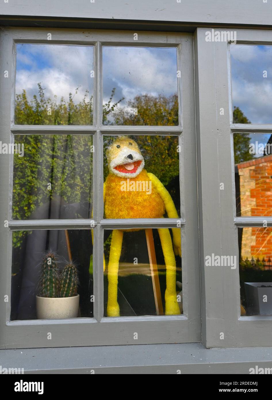 animal soft toy in house window Stock Photo - Alamy