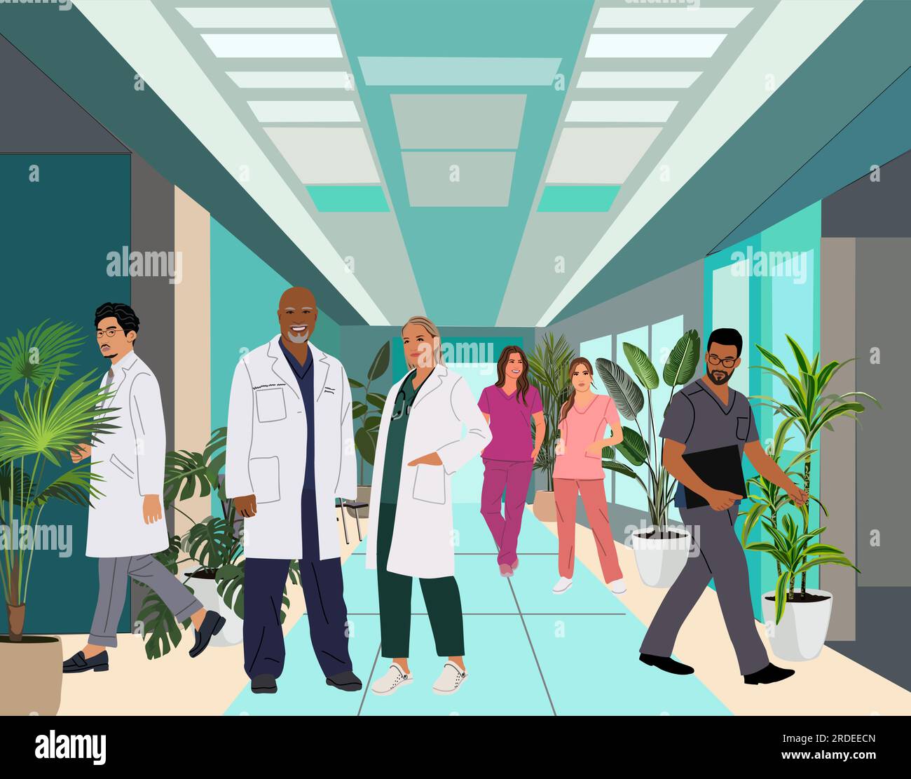 Medical workers in hospital corridor vector scene Stock Vector Image ...