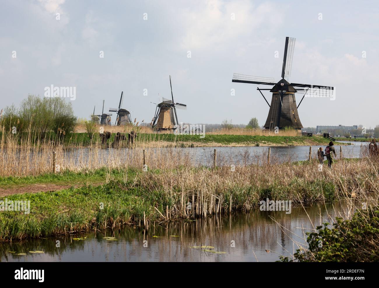 Kinderdijk, the Netherlands - April 17, 2023: 19 windmills at Kinderdijk built about 1740 is ...