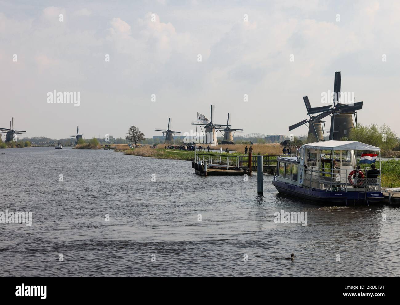 Kinderdijk, the Netherlands - April 17, 2023: 19 windmills at Kinderdijk built about 1740 is ...