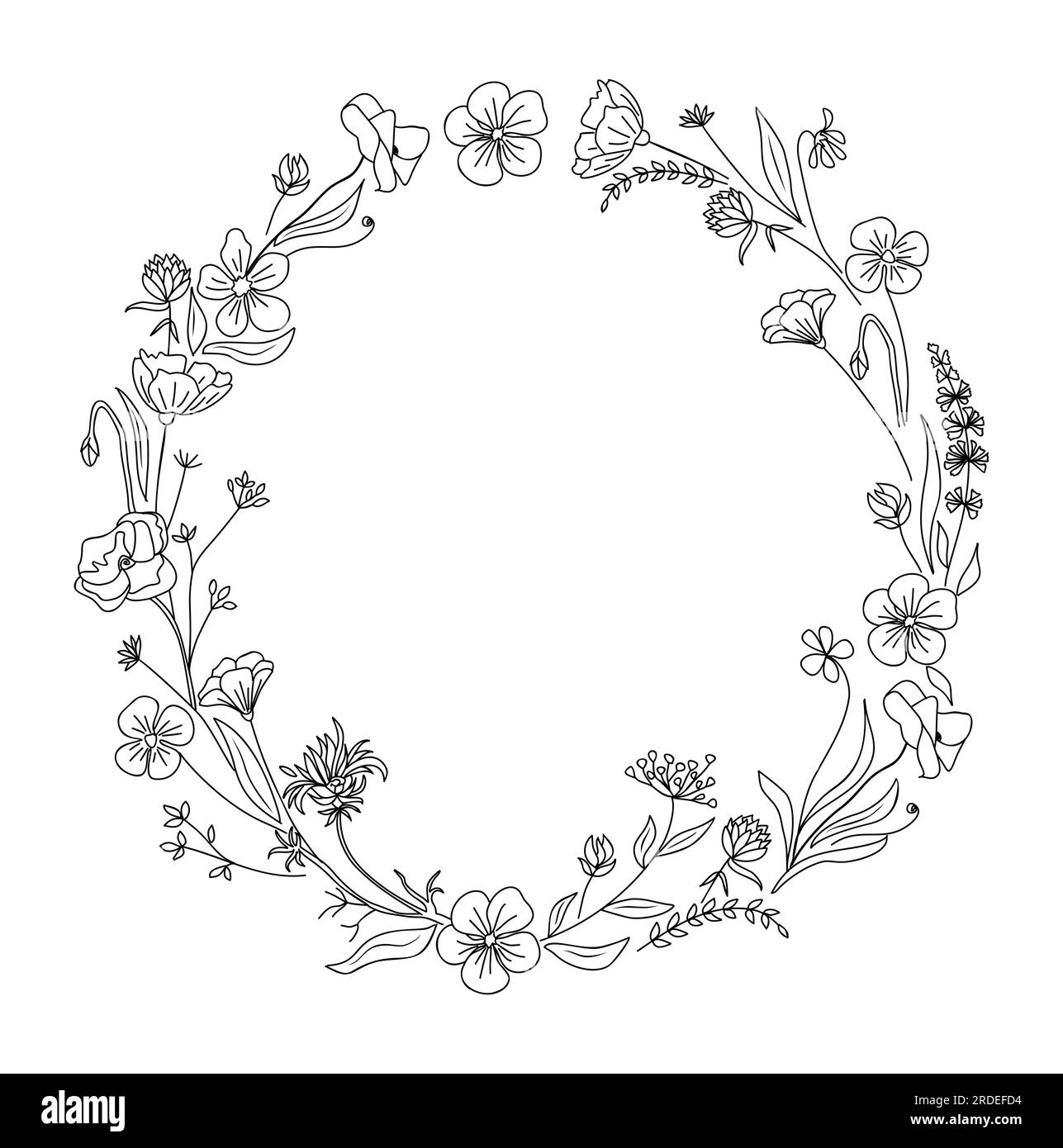 Hand drawn wild flowers wreath line art vector Stock Vector Image & Art ...