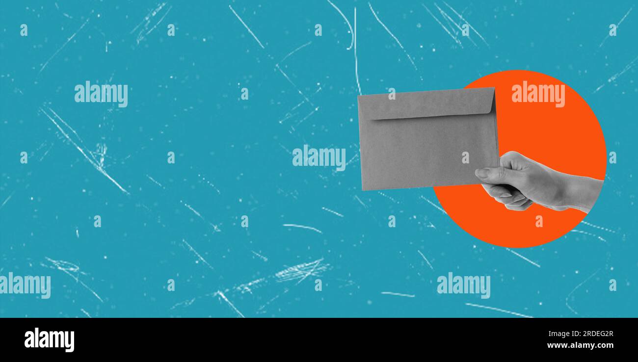 Poster banner collage of a hand holding a new message, hand with ...