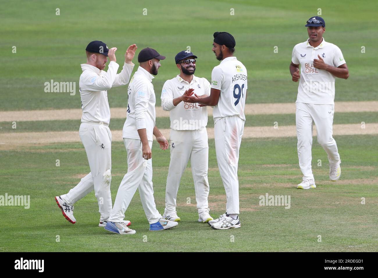 Arshdeep Singh of Kent celebrates with his team mates after taking the ...