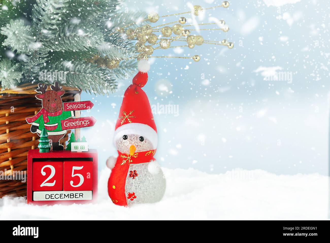 Snowman, calendar, Christmas tree and snow. Christmas background Stock ...