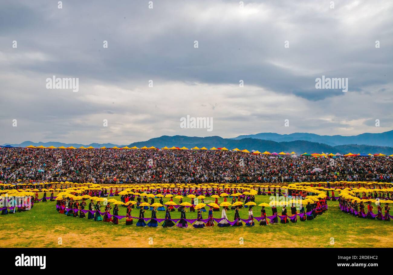 SICHUAN, CHINA - JULY 20, 2023 - People of the Yi ethnic group perform ...