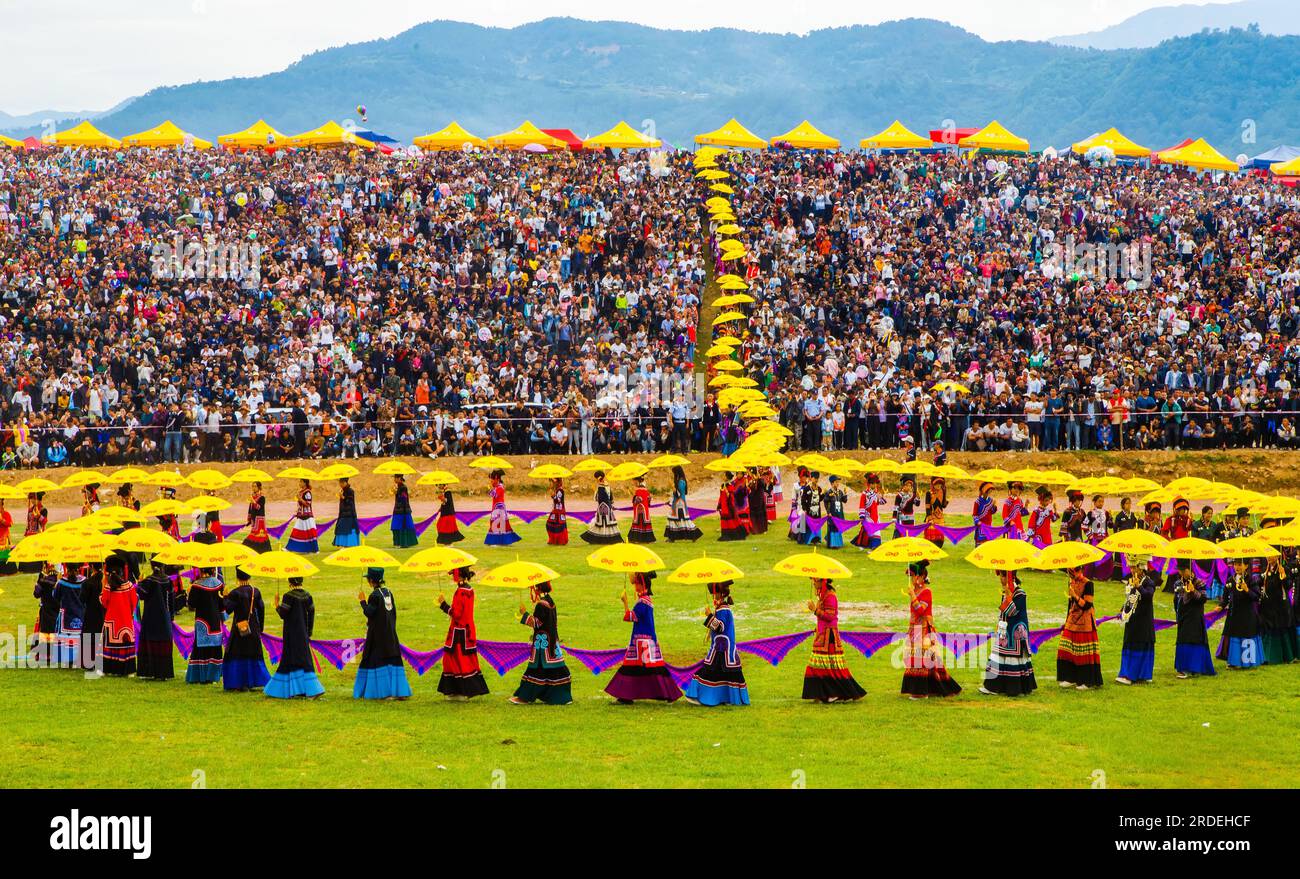 SICHUAN, CHINA - JULY 20, 2023 - People of the Yi ethnic group perform a torch dance during the ...