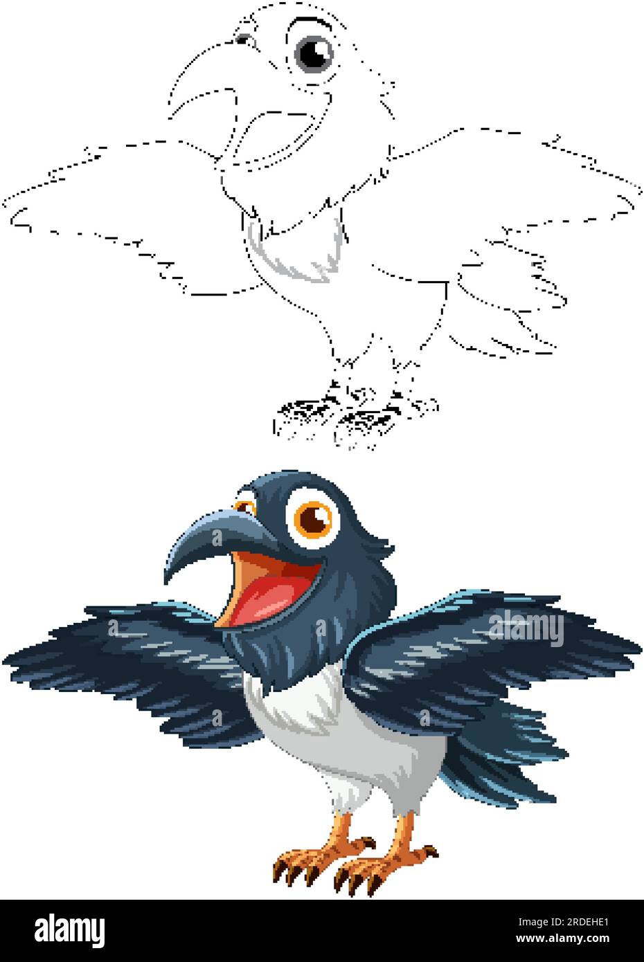 A vector cartoon illustration of a smiling raven with wings spread wide ...