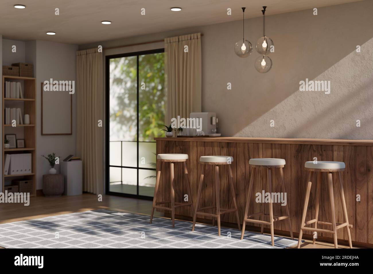 Interior design of a minimalist Scandinavian home lounge with wooden ...