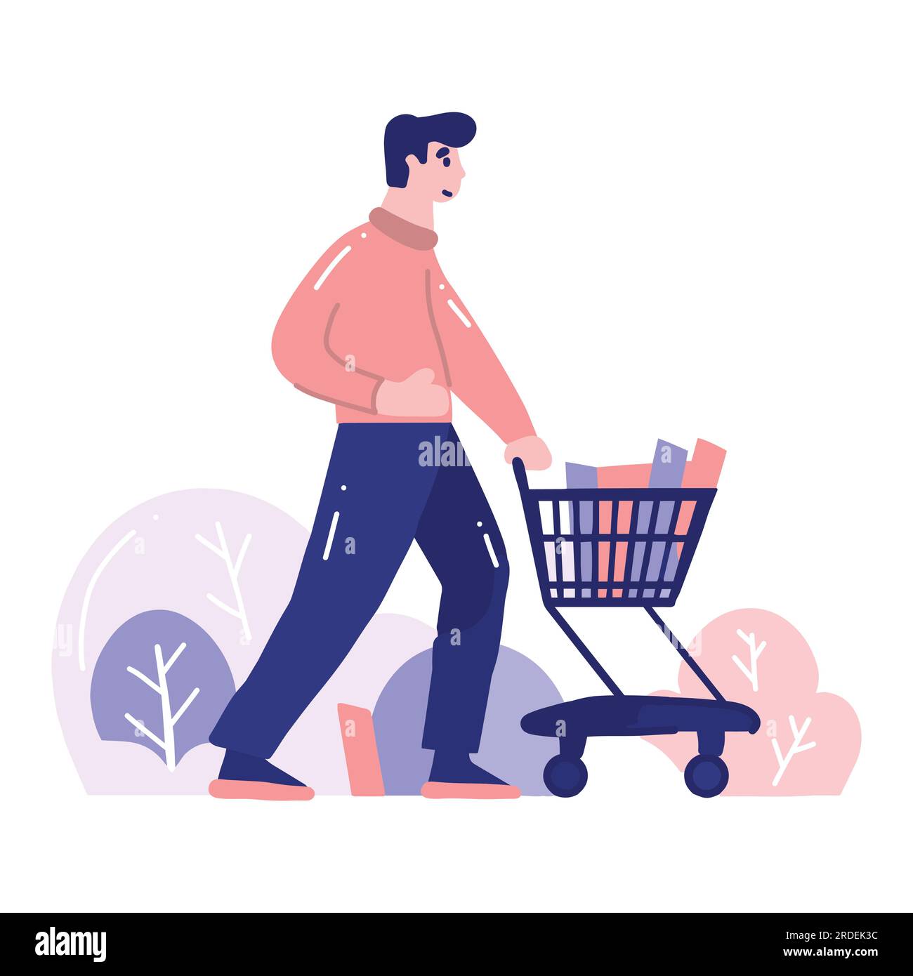 Hand Drawn man with shopping cart in flat style isolated on background ...