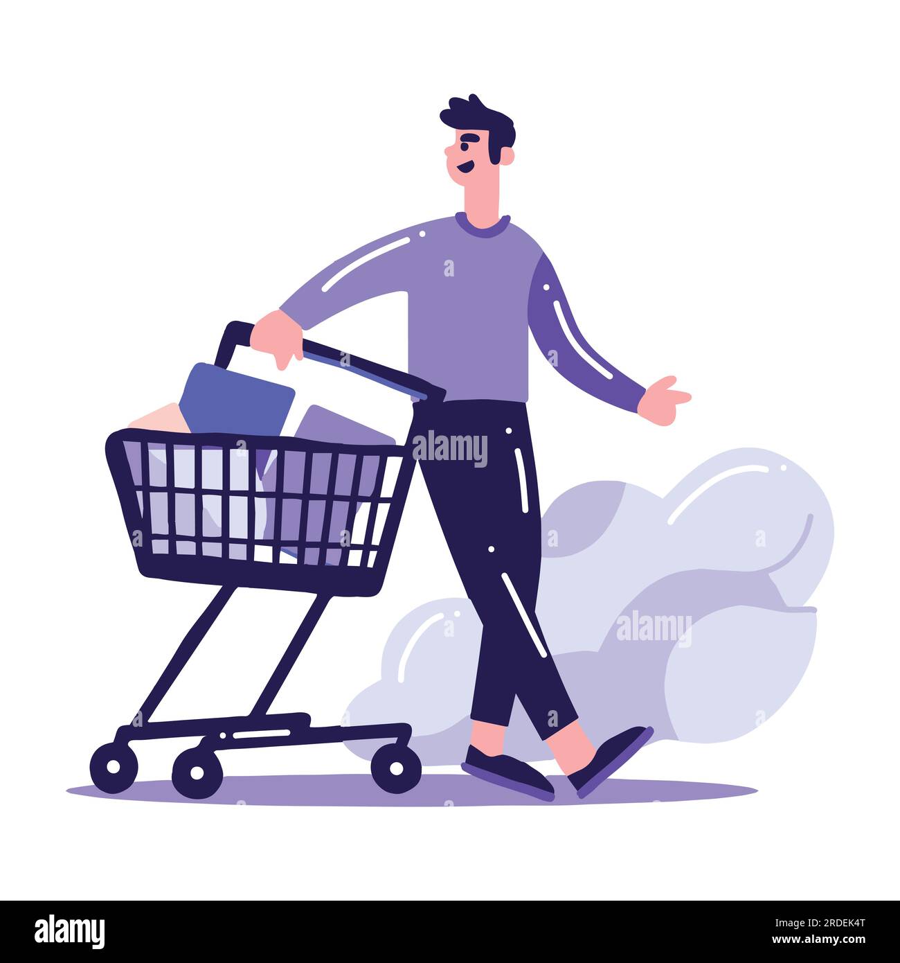 Hand Drawn man with shopping cart in flat style isolated on background ...