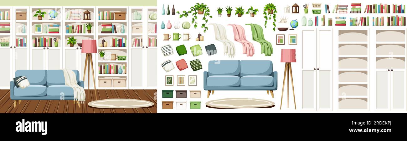Living room interior with white bookcases and a blue sofa. Scandinavian ...