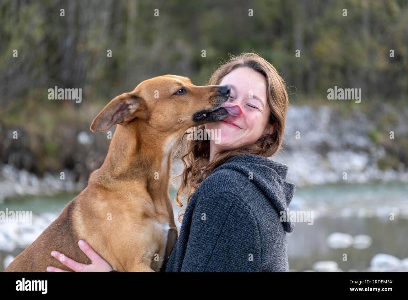 Young woman with her dog, intimate relationship, love of animals, Upper ...