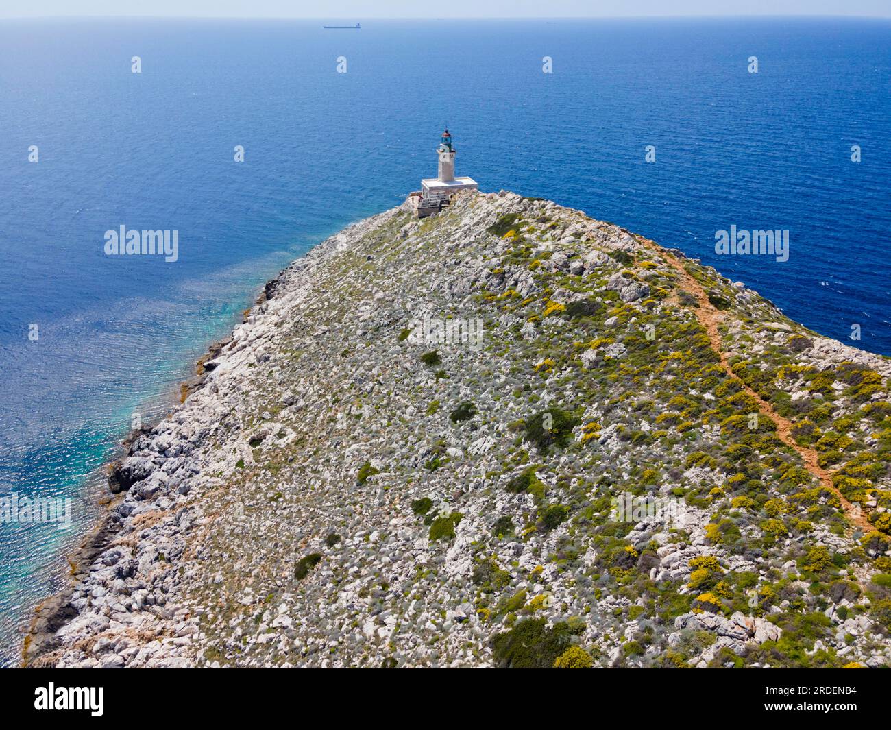 Drone shot, Akrotiri Tenaro lighthouse at the southernmost point of the ...