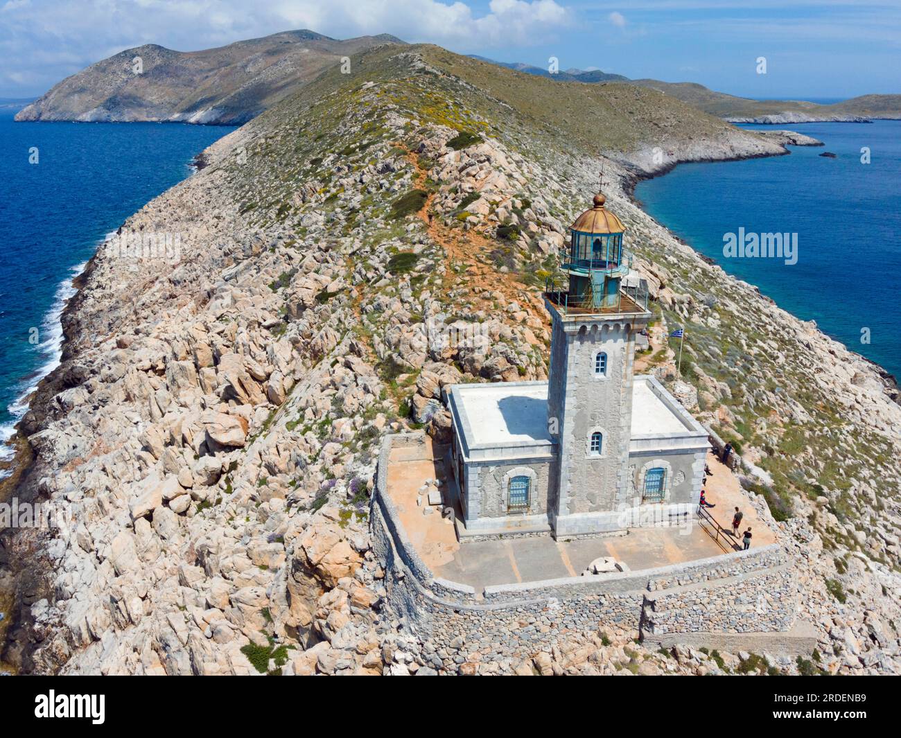 Drone shot, Akrotiri Tenaro lighthouse at the southernmost point of the ...