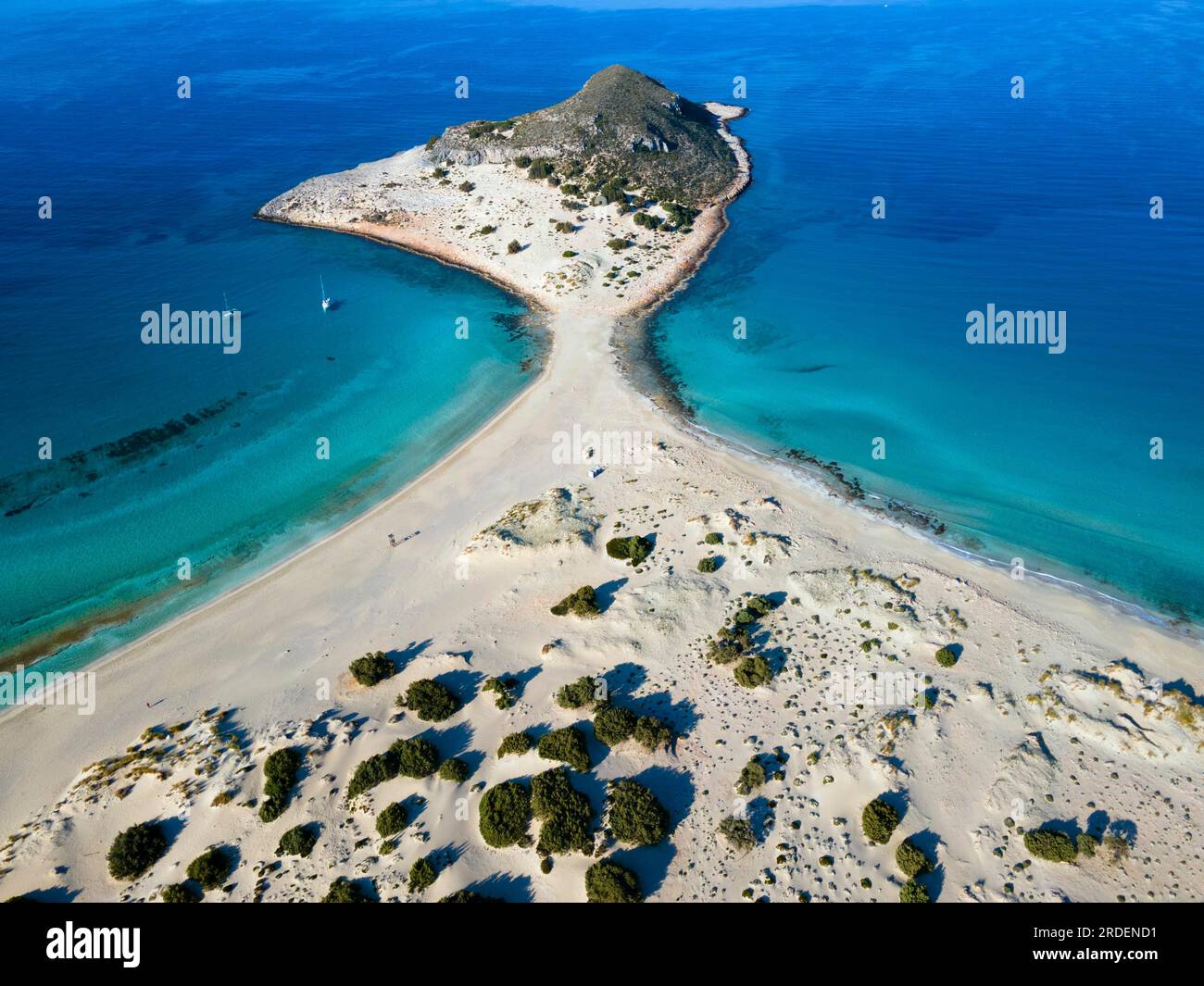Drone shot, double bay of Simos beach, Sarakiniko beach, Elafonisos ...