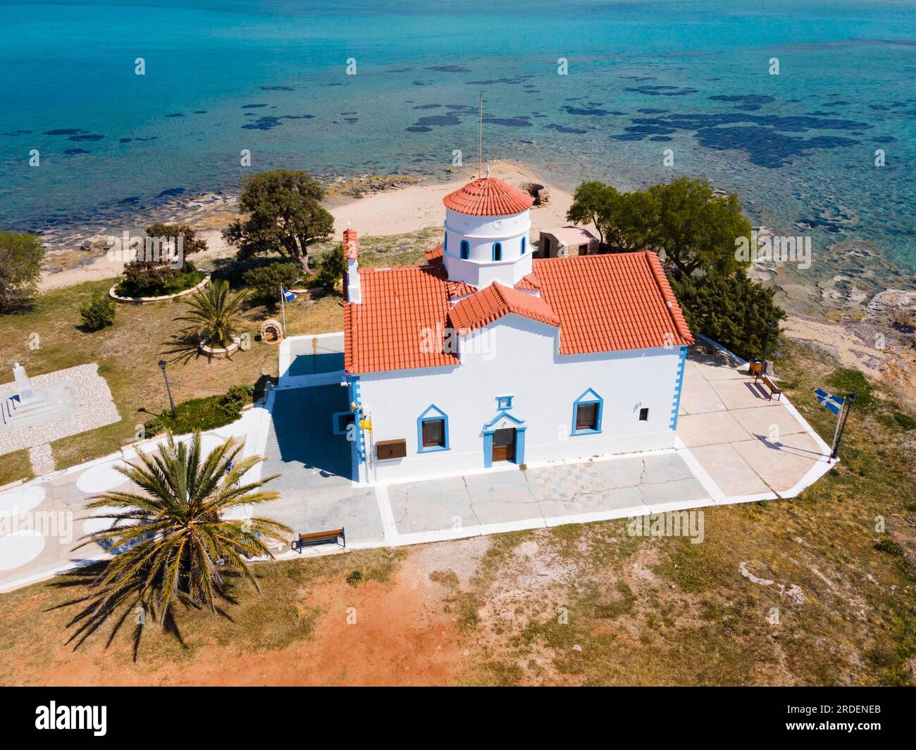 Drone shot, Saint Spiridon Greek Orthodox Church, Agios Spyridon, Elafonisos town, Elafonisos ...
