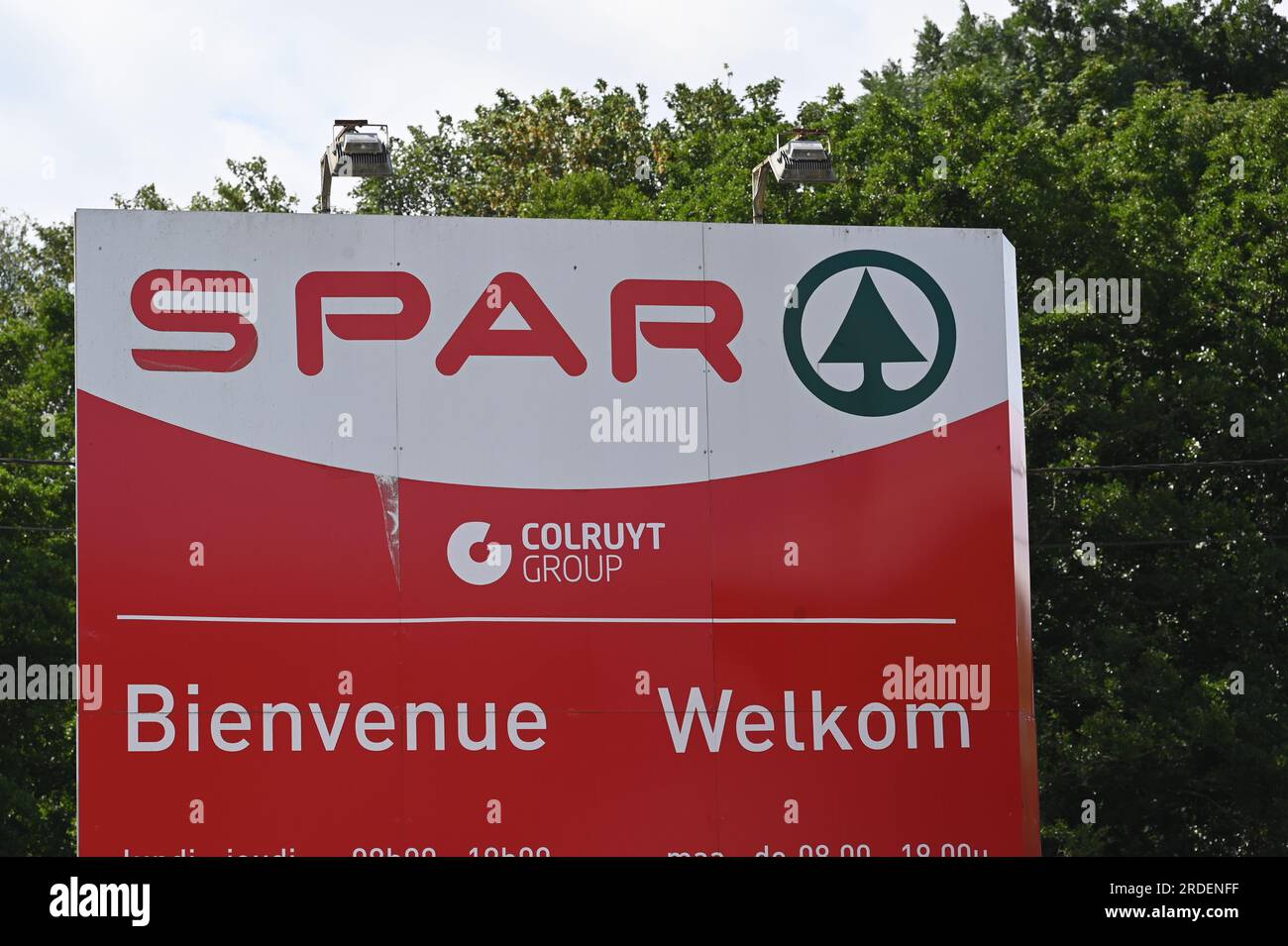 Vielsalm, Belgium. 02nd July, 2023. Logo lettering of the supermarket ...