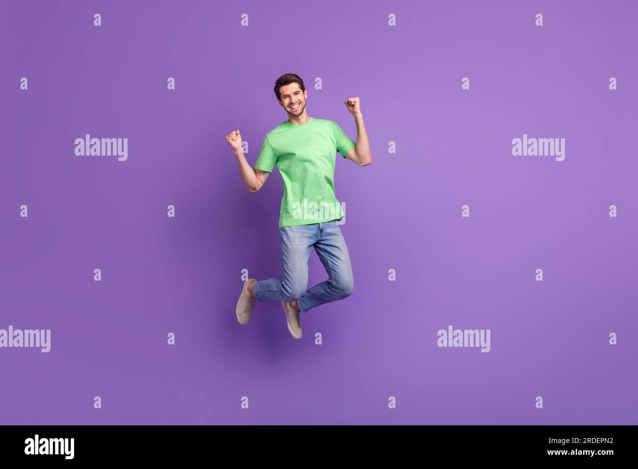 Full body length photo of crazy funny man jump celebration hooray crazy ...