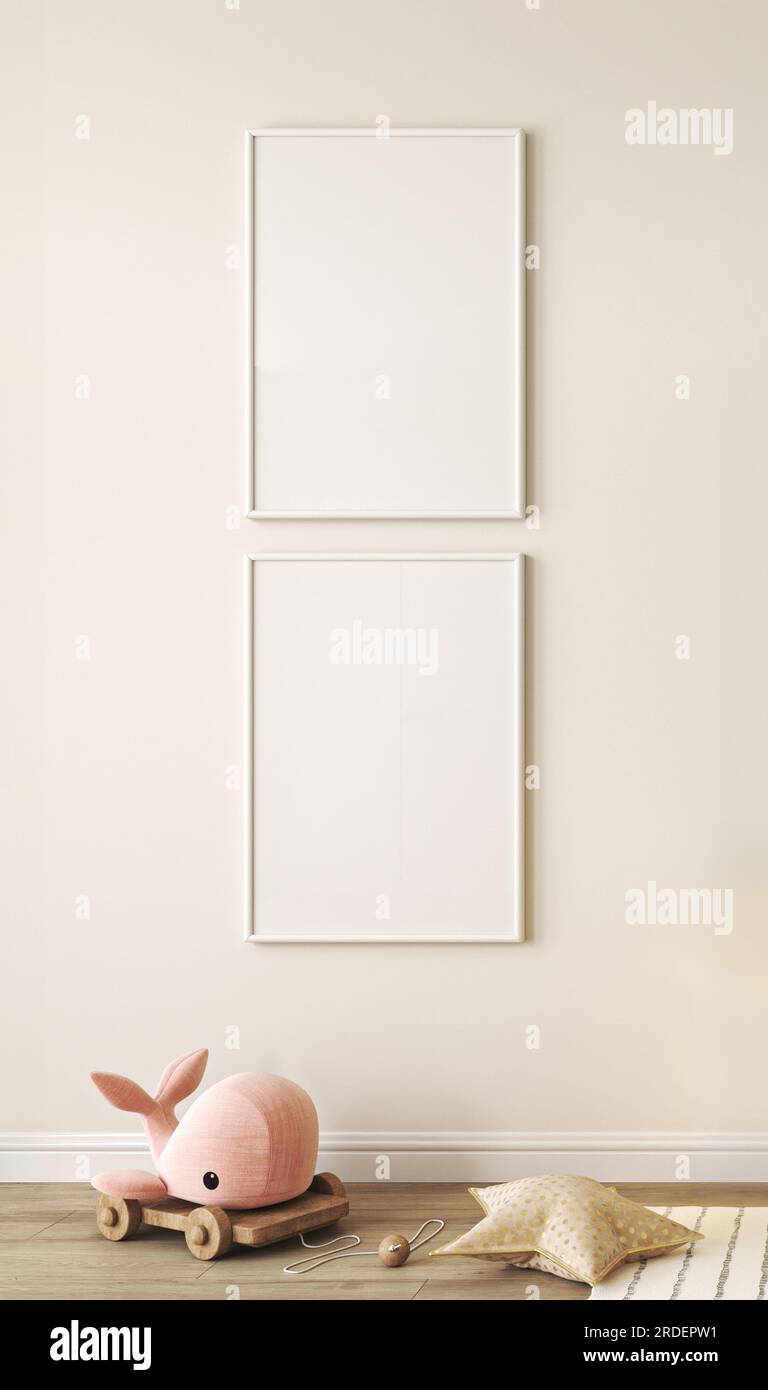 Mockup frame in light beige children room with natural wooden floor ...