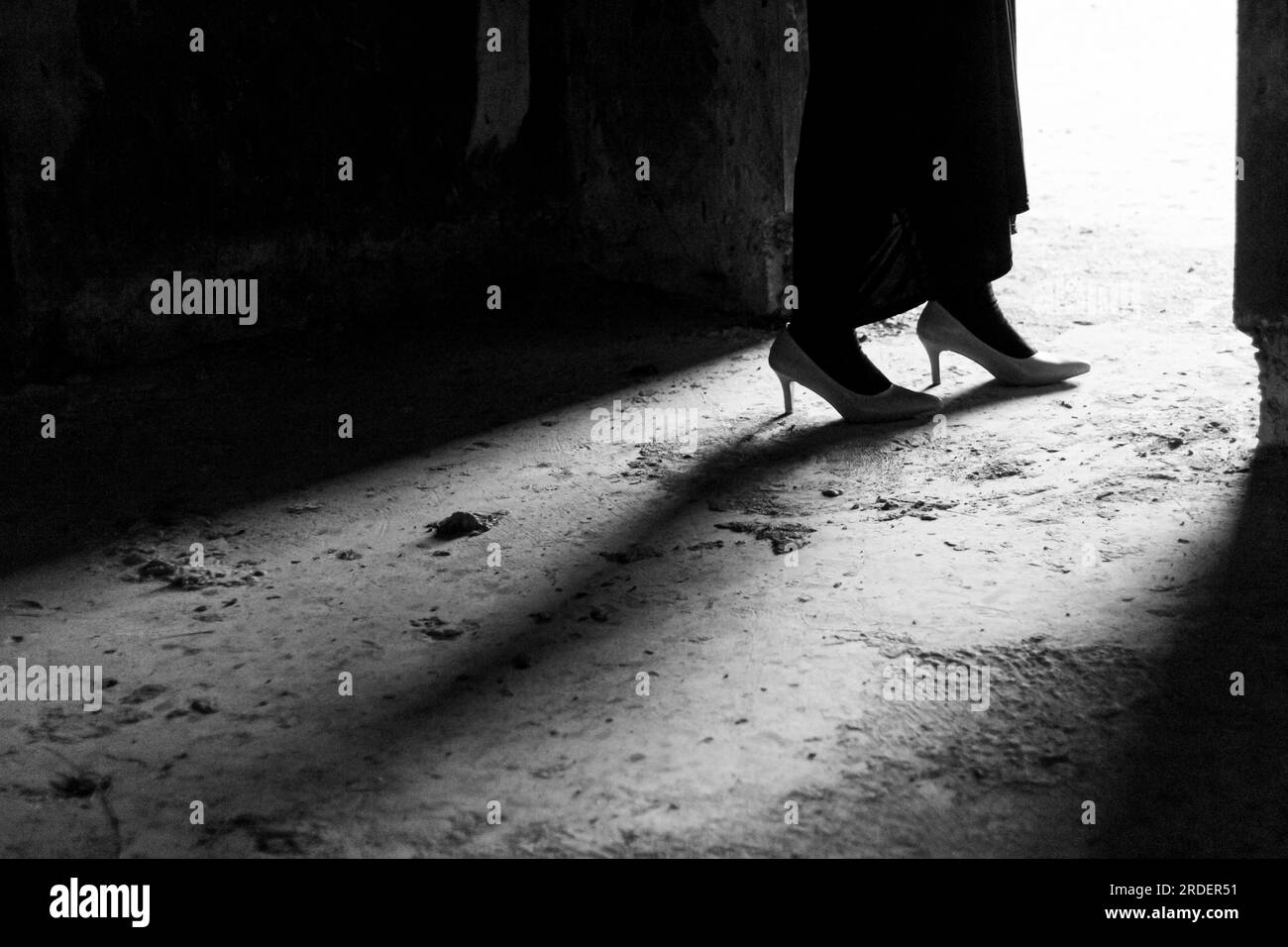 Black and white silhouette and shadow of woman wearing dress ...