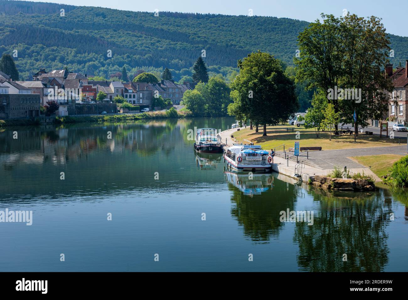 Boats moored on the River Meuse Montherme Charleville-Mezieres Ardennes ...