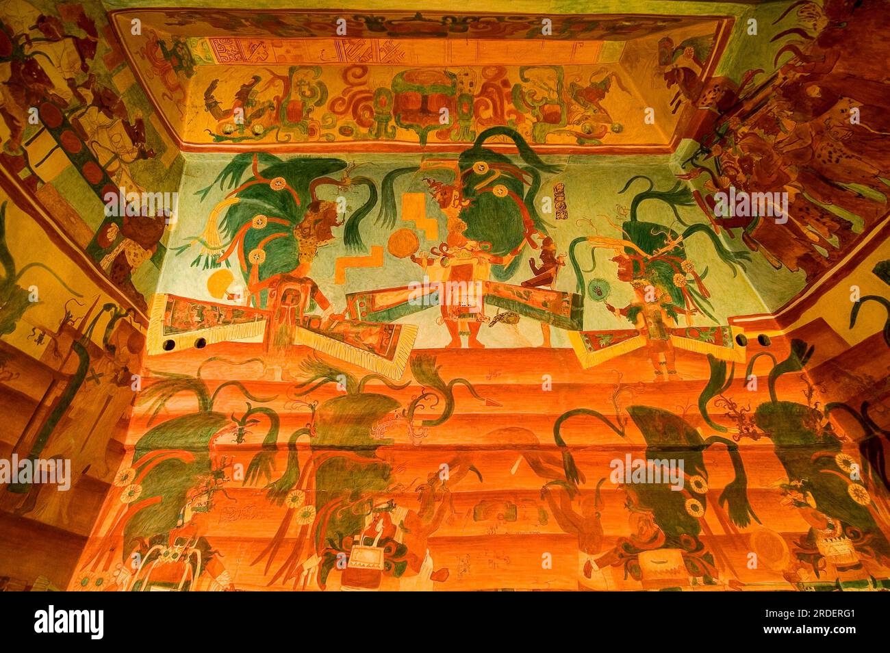 Ceiling decorated with frescoes in room nº.3.Maya.Original mural painting by Bonampak. Museo ...