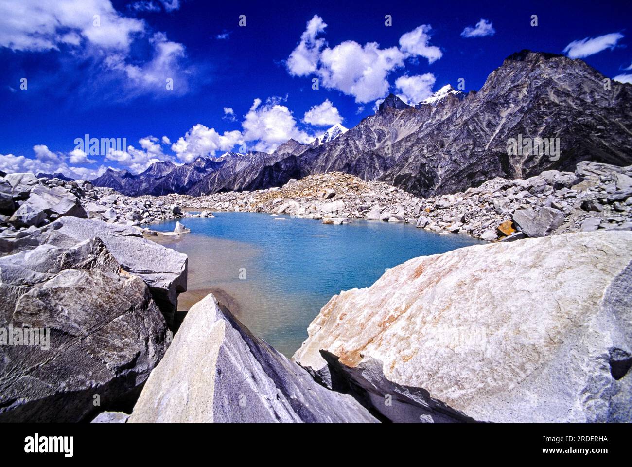 Dhaula Dhar peaks and moraine of the Gangotri glacier. Himalaya Garhwal ...