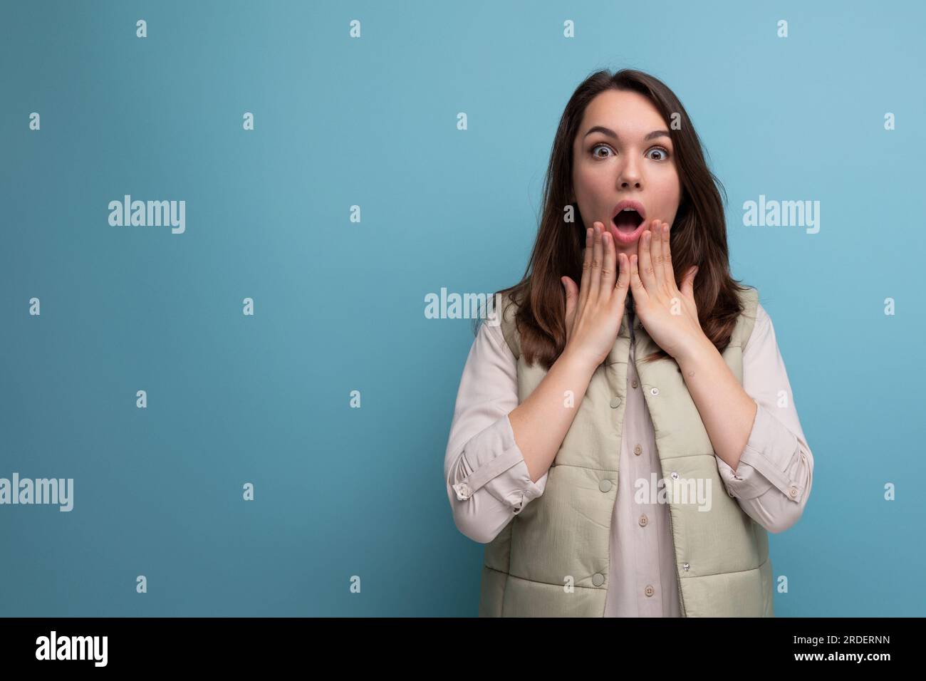 Happy pretty woman shows triumph hi-res stock photography and images ...