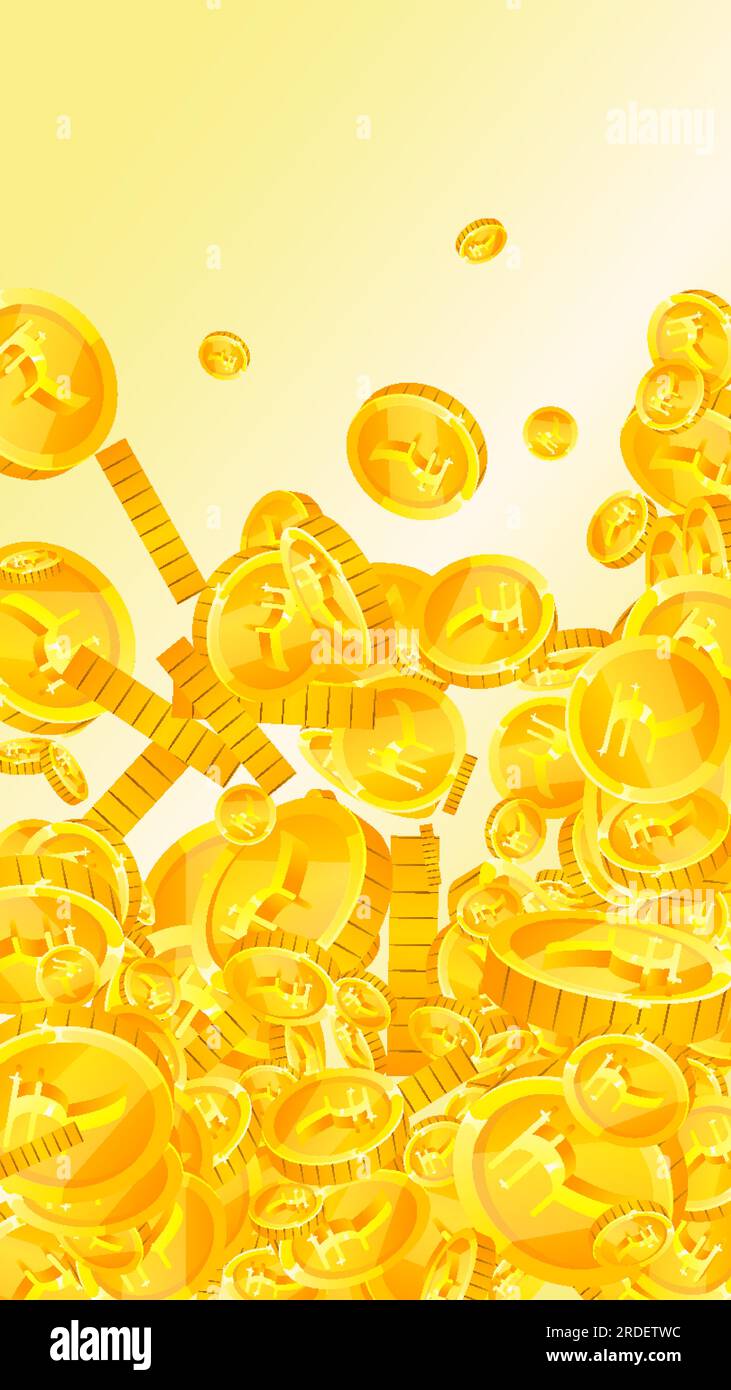 Indian rupee coins falling. Scattered gold INR coins. India money ...