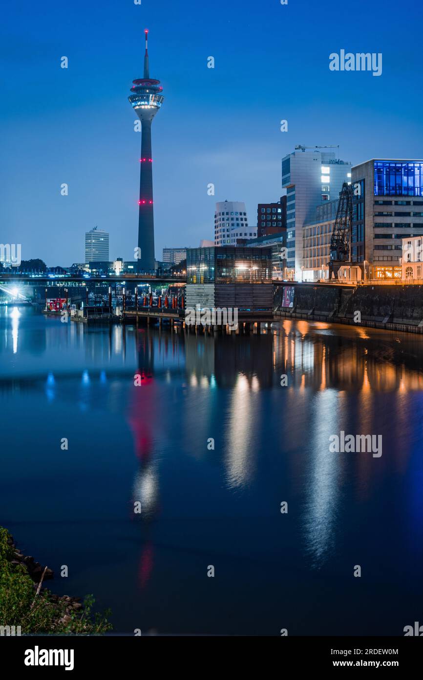 Rhine Tower in the harbour at night, Duesseldorf, Germany Stock Photo ...