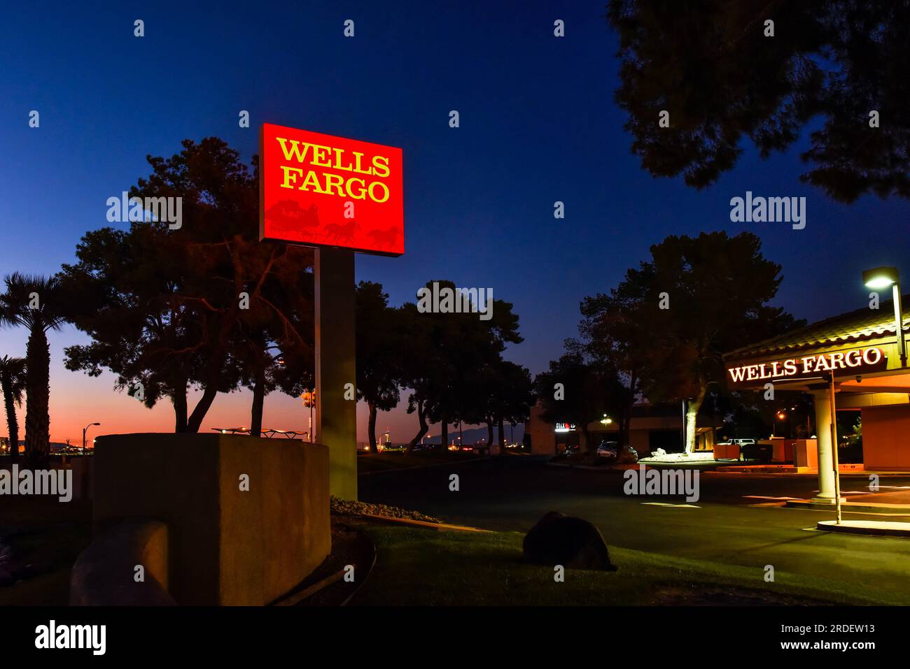 Wells Fargo Bank Sign Illuminated at Twilight Stock Photo - Alamy