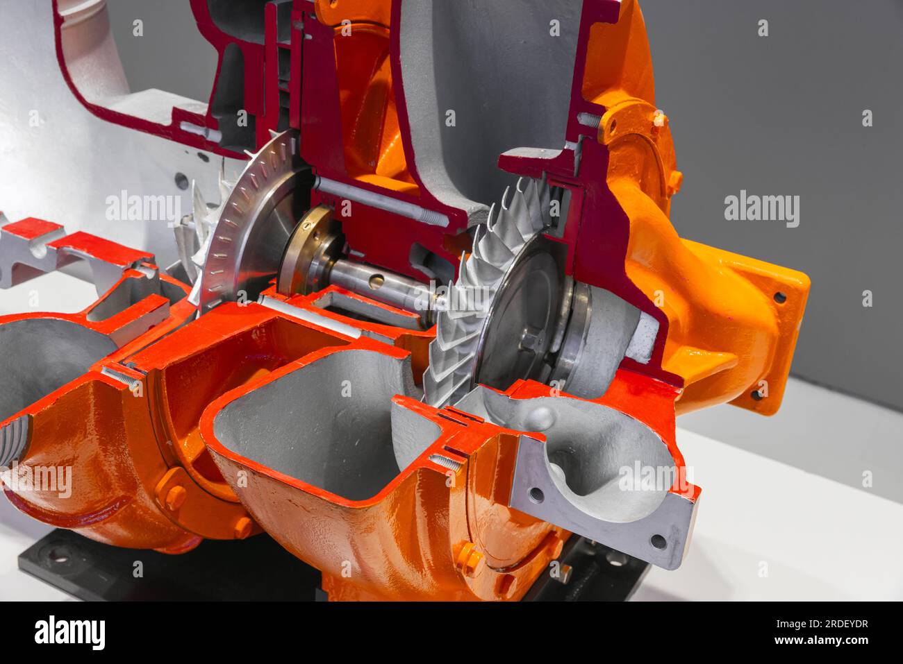 Cut-away close up view of turbocharger device also known as a turbo or ...