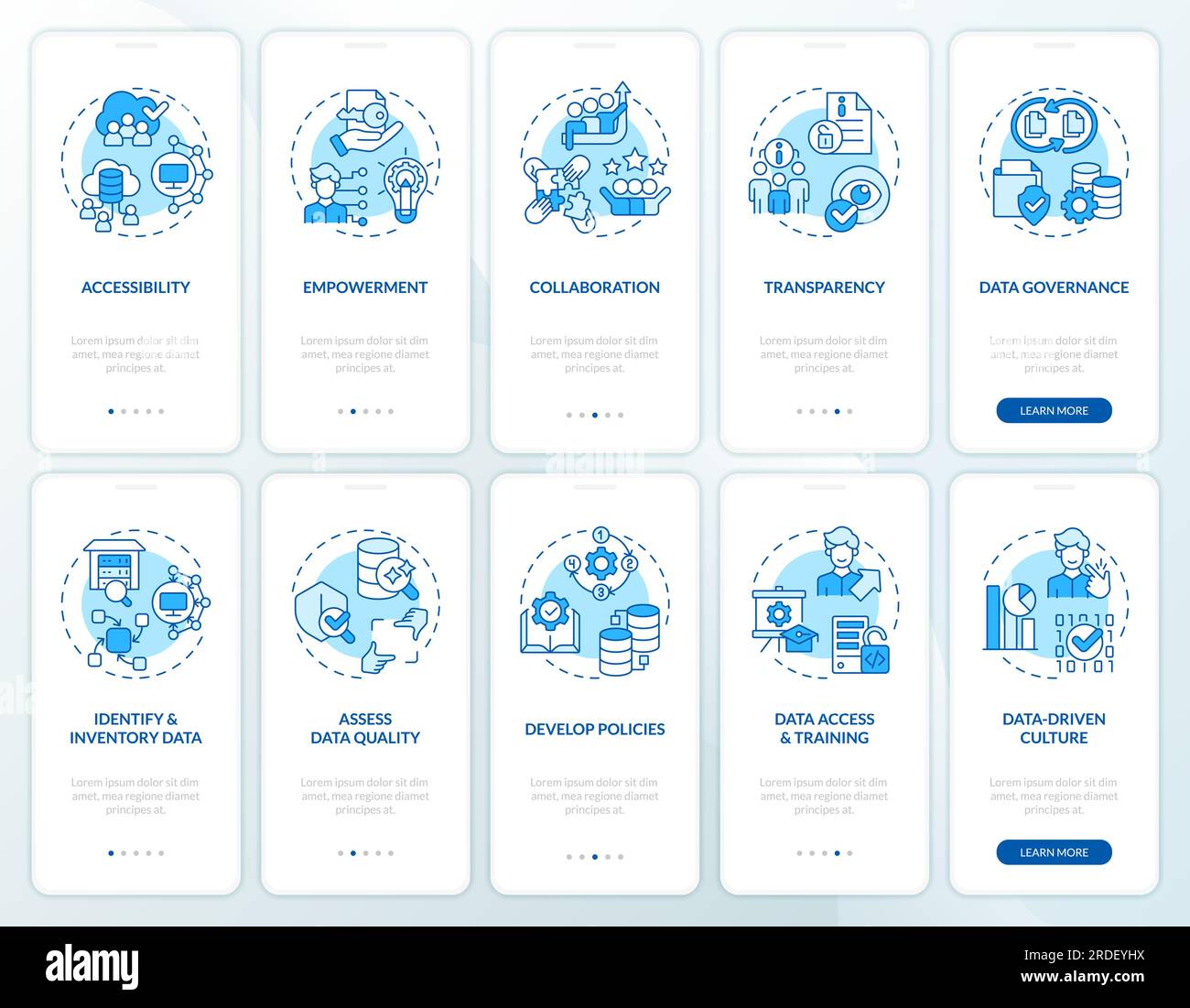 Walkthrough Data Democratization With Blue Linear Icons Concept Stock