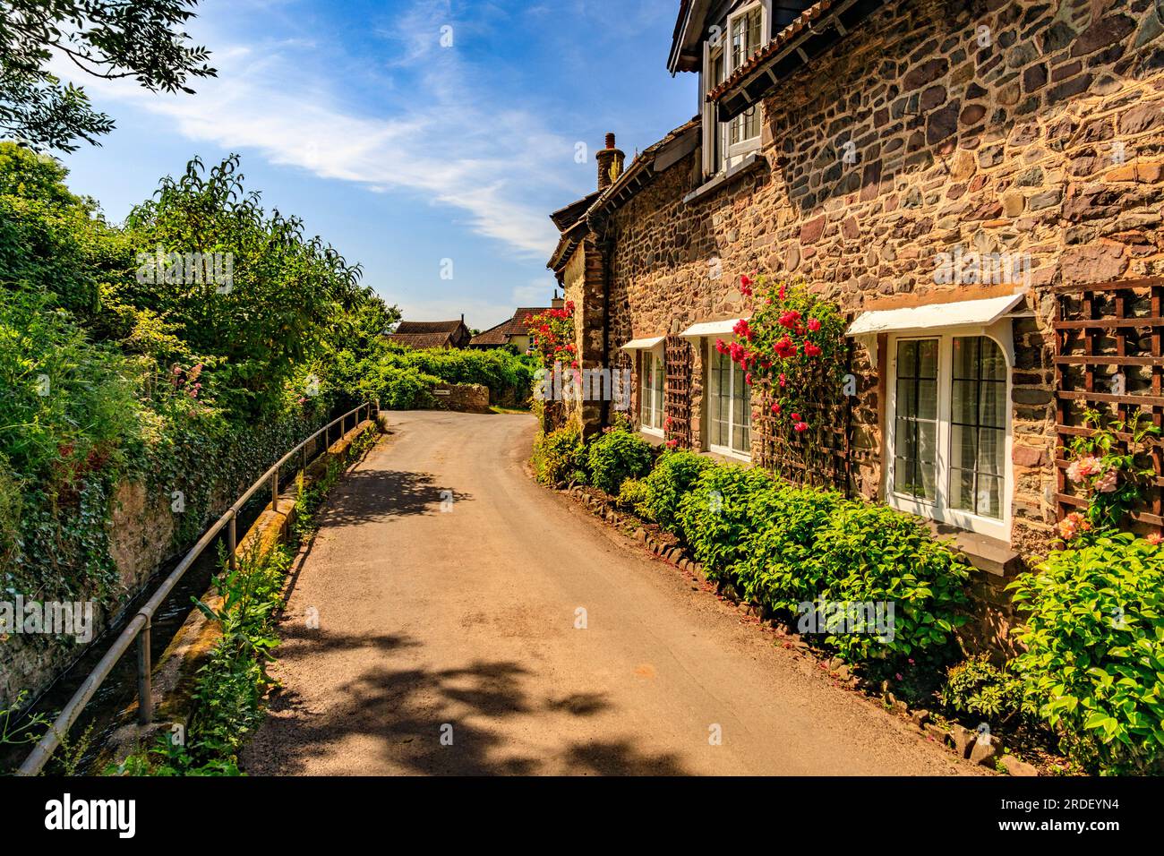 A row of traditional cottages with roses around their doors and windows ...