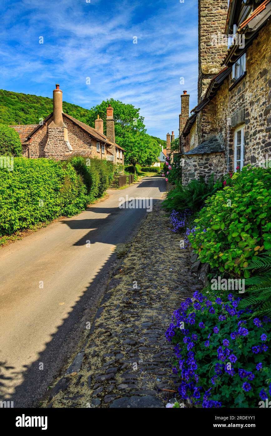 Traditional stone cottages line the road on the Holnicote Estate ...