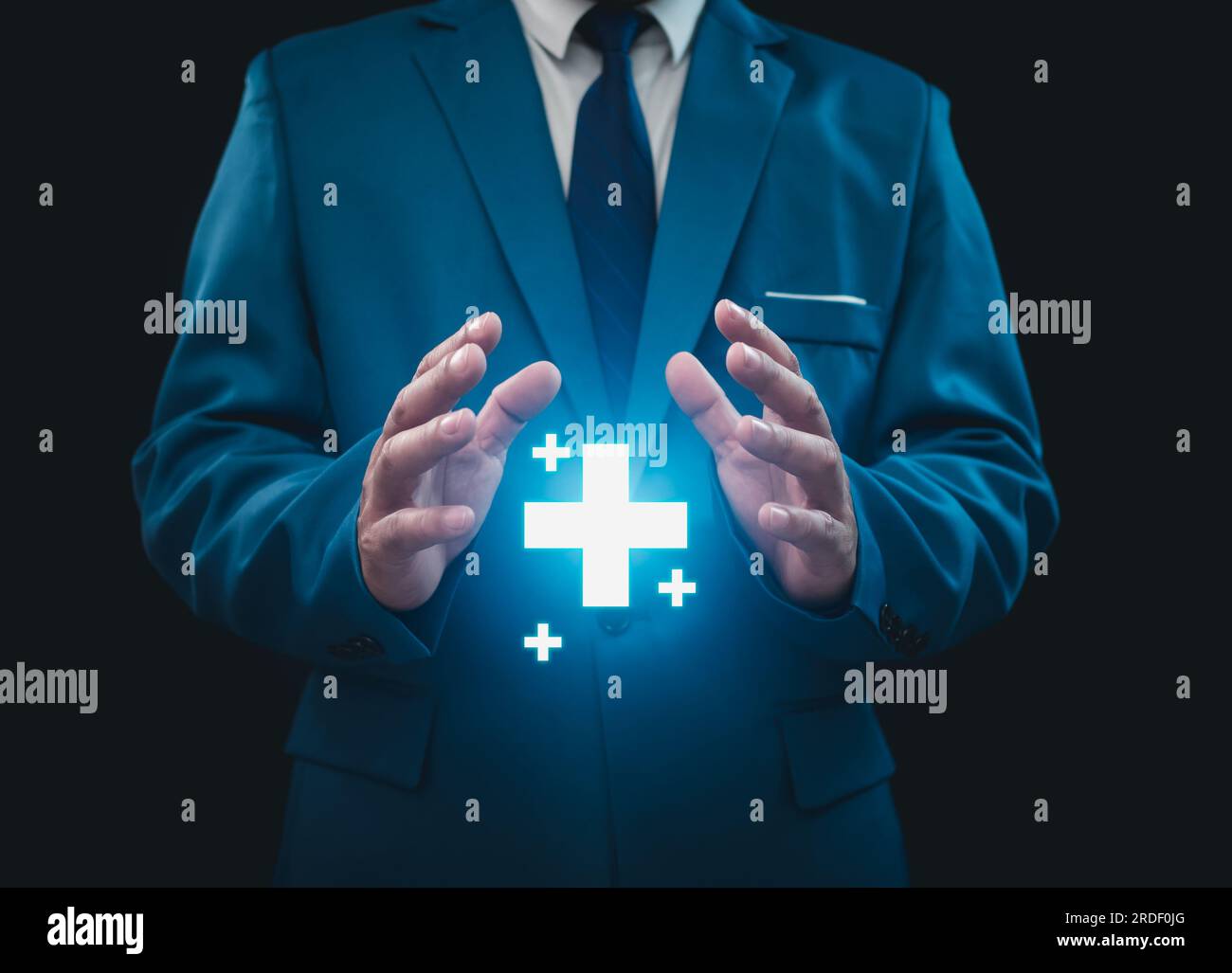 Businessman hold in hand offer positive thing such as profit, benefits ...