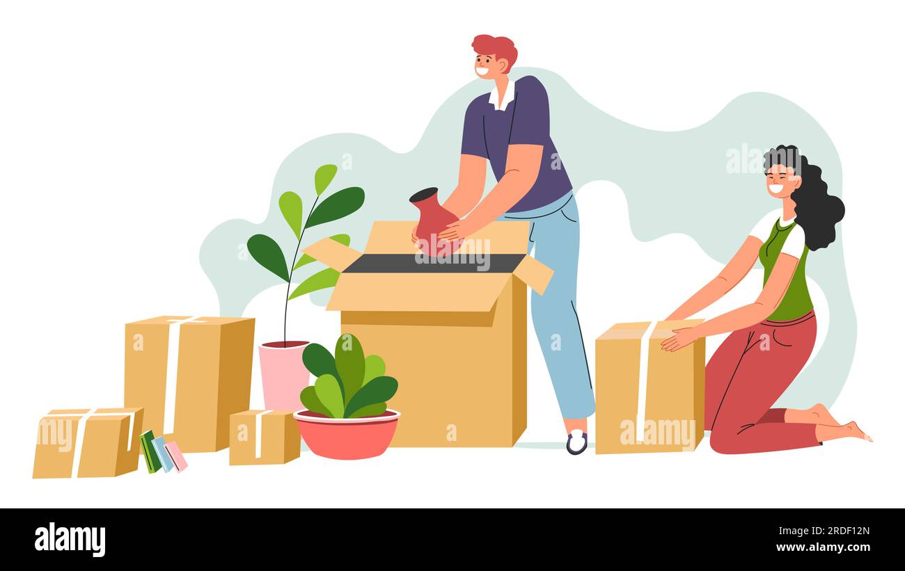Man and woman moving in unpacking boxes in flat Stock Vector Image ...