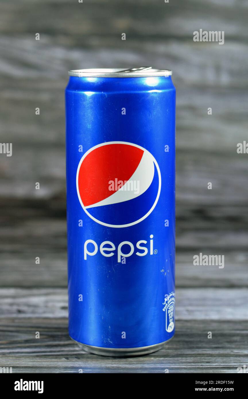 Cairo, Egypt, June 24 2023: Pepsi can, a Cola flavor plastic bottle, a ...