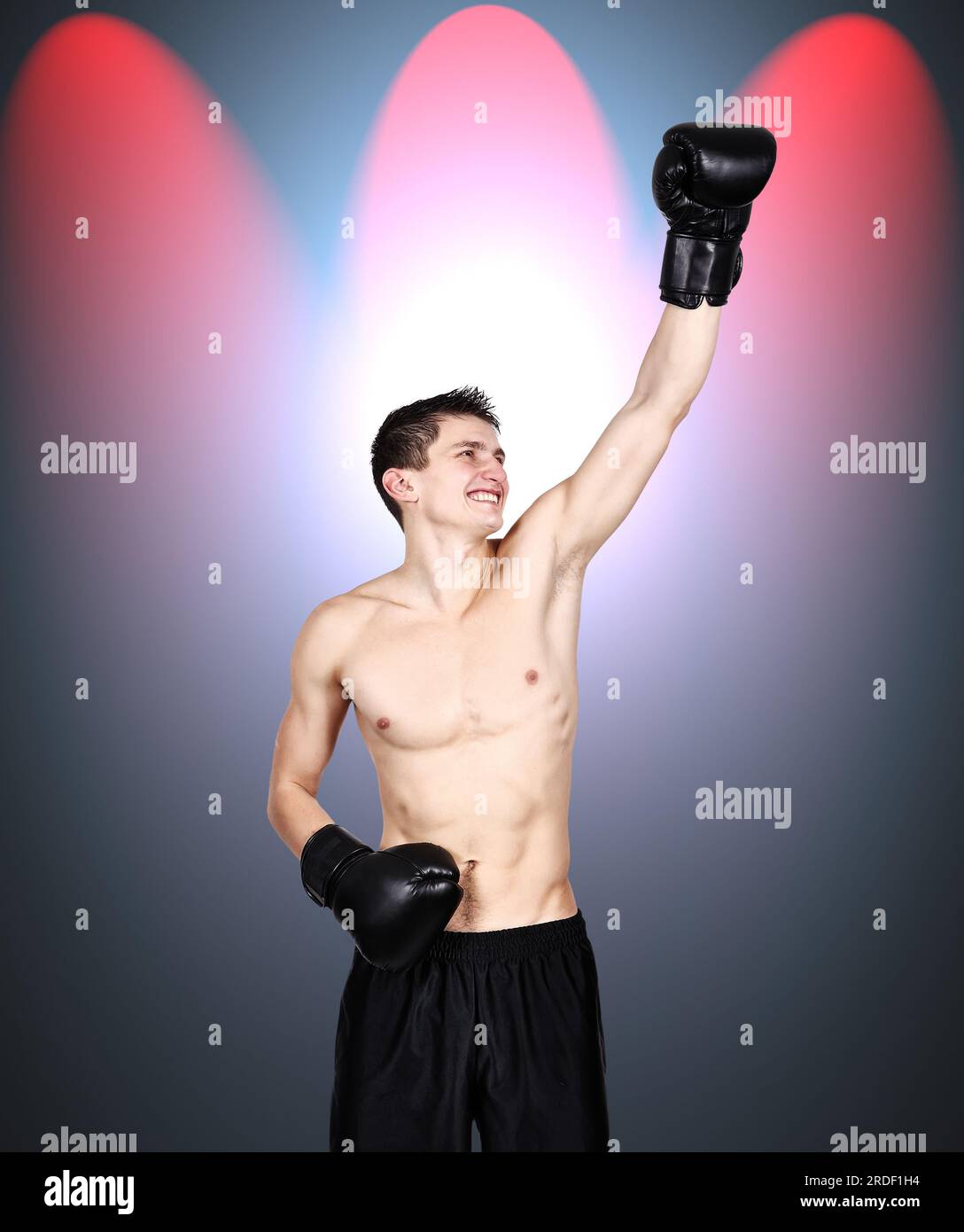 young boxer winner under the rays of spotlight Stock Photo - Alamy