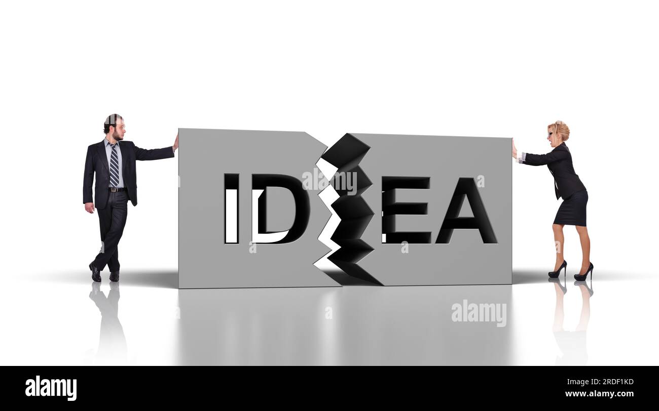businesspeople pushing broken block with idea text Stock Photo - Alamy