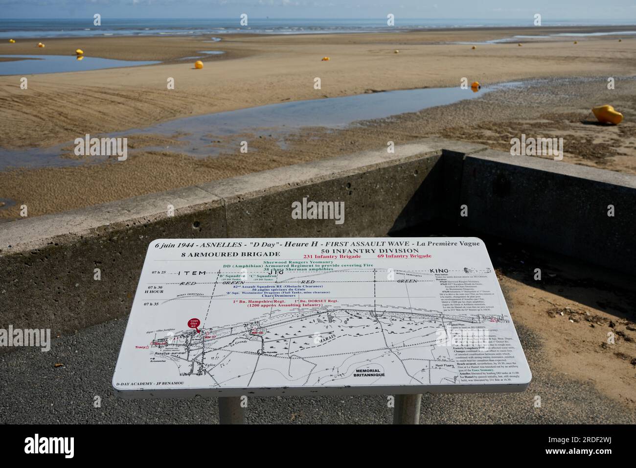D-Day information board with Gold Beach behind. Asnelles, France Stock ...