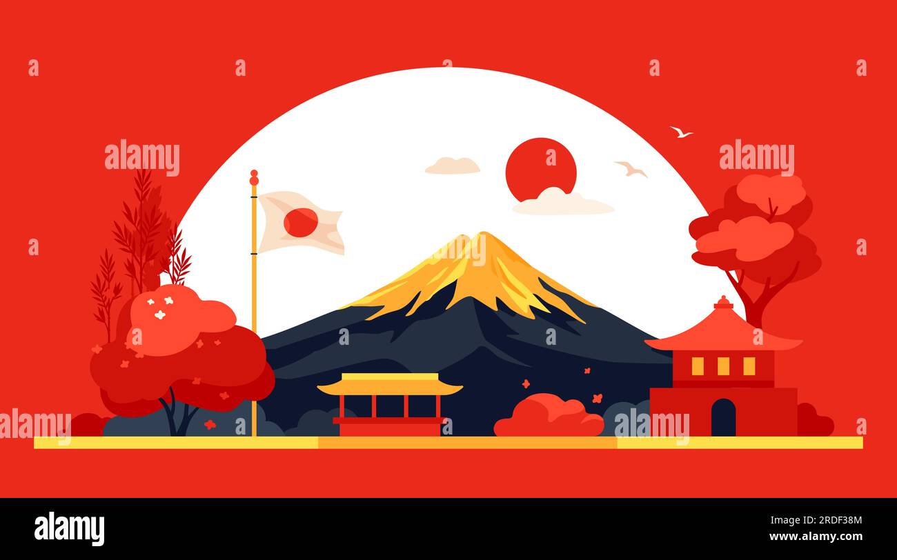 Mount Fuji at sunrise - modern colored vector illustration Stock Vector ...
